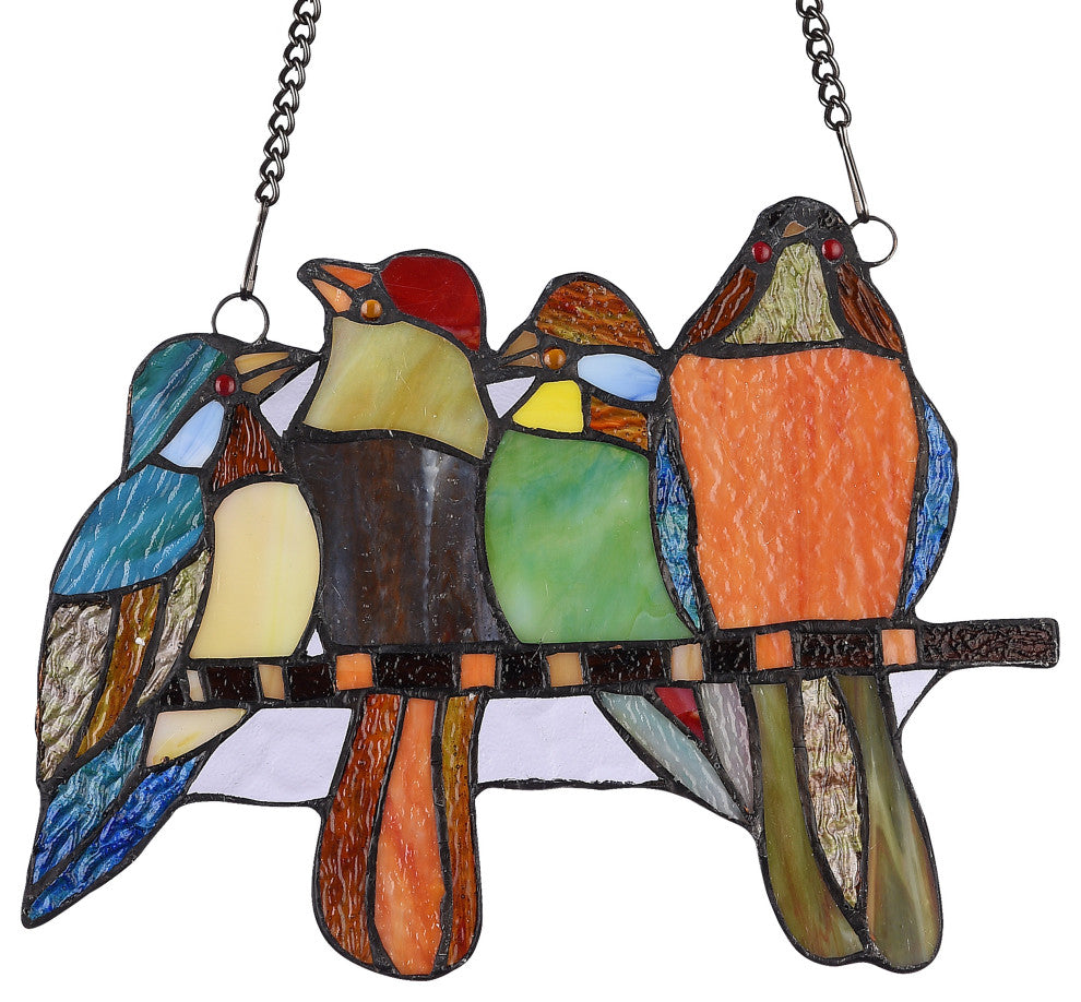 CHLOE Lighting Perched Birds Tiffany Animal Design Window Panel 12"x9"