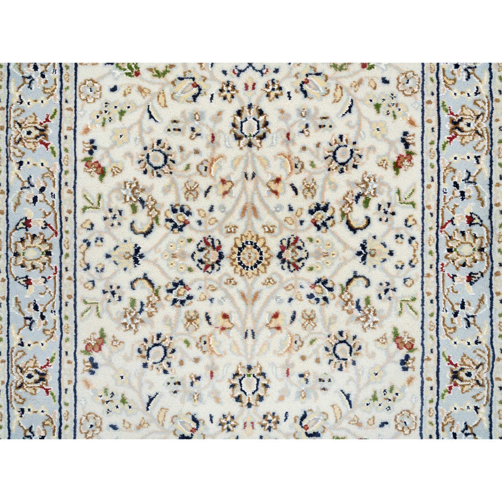 Ivory, Hand Knotted Nain, 250 KPSI Wool and Silk Runner Rug, 2'7"x14'0