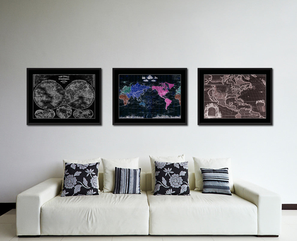 World Vintage Vivid Map Print On Canvas With Black Custom Frame, 28" X