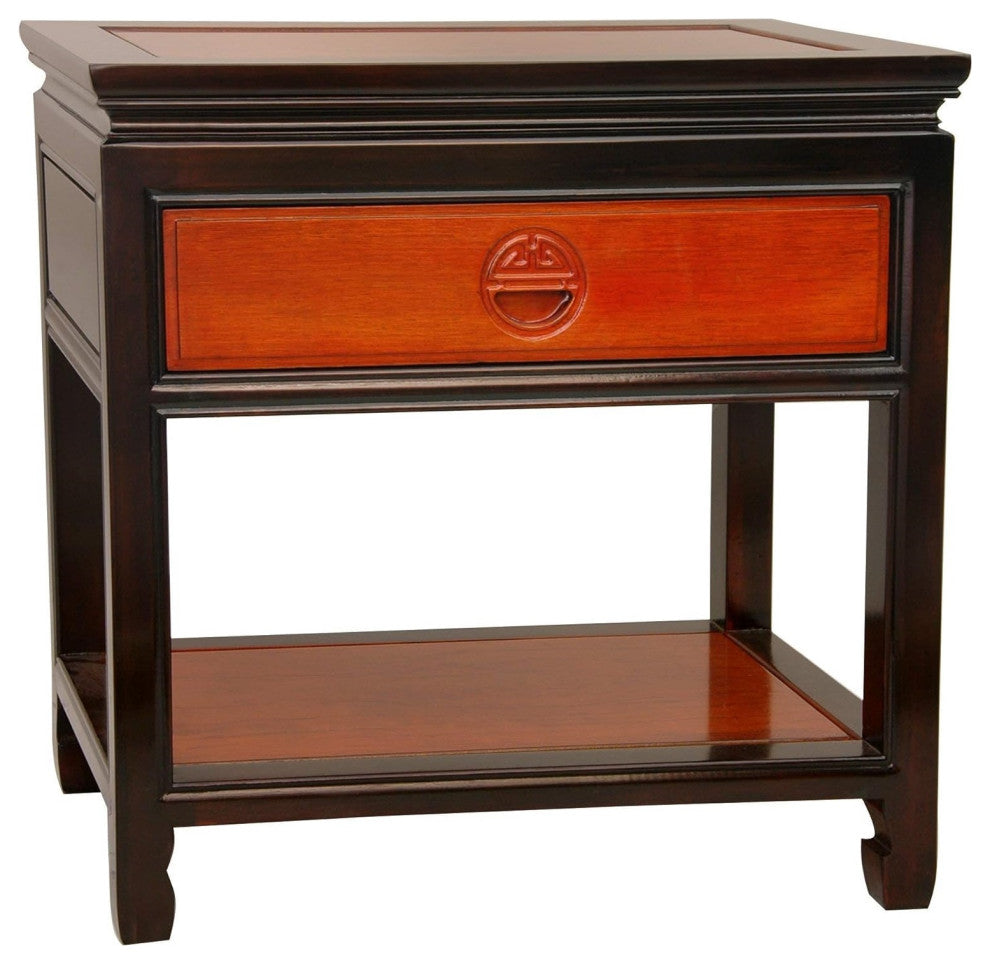Elegant End Table with Storage Drawer, Shelf, and Classic Shou Medalli