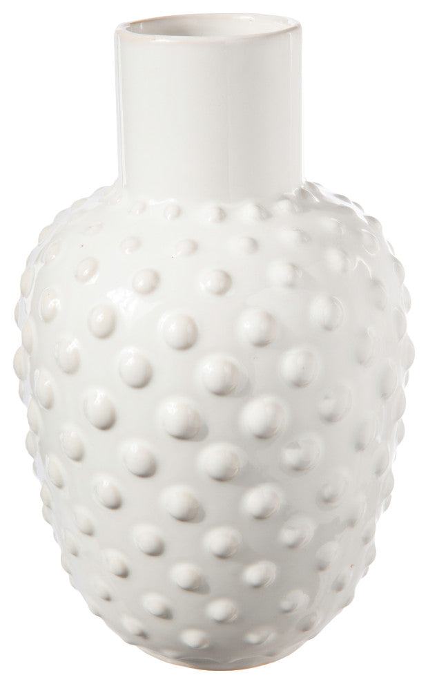 Round Ceramic Vase with Embossed Dotted Pattern Design Gloss White Fin