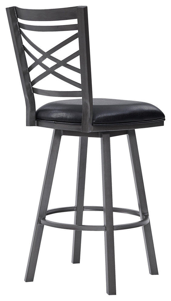 26" Transitional Black Faux Leather Metal Cross Back Bar Stool