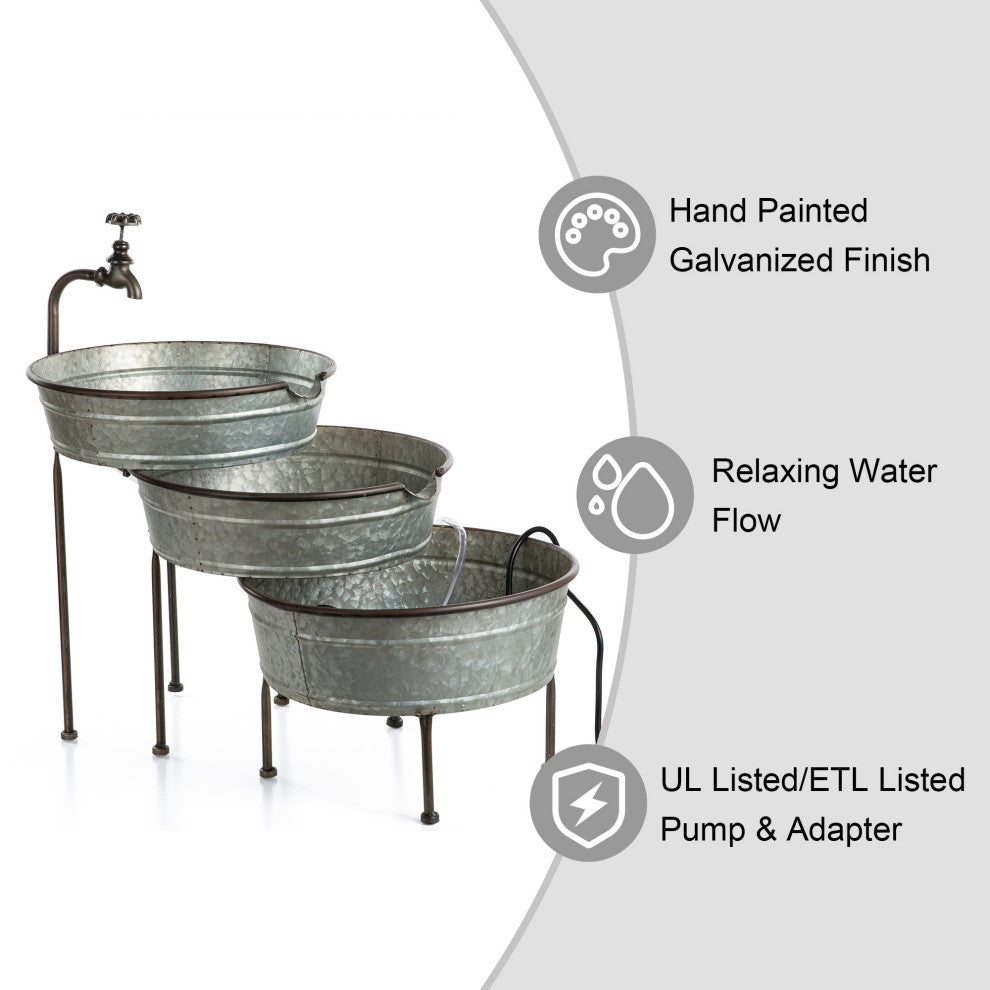 30" Farmhouse Outdoor 3 Tier Galvanized Metal Cascading Water Fountain
