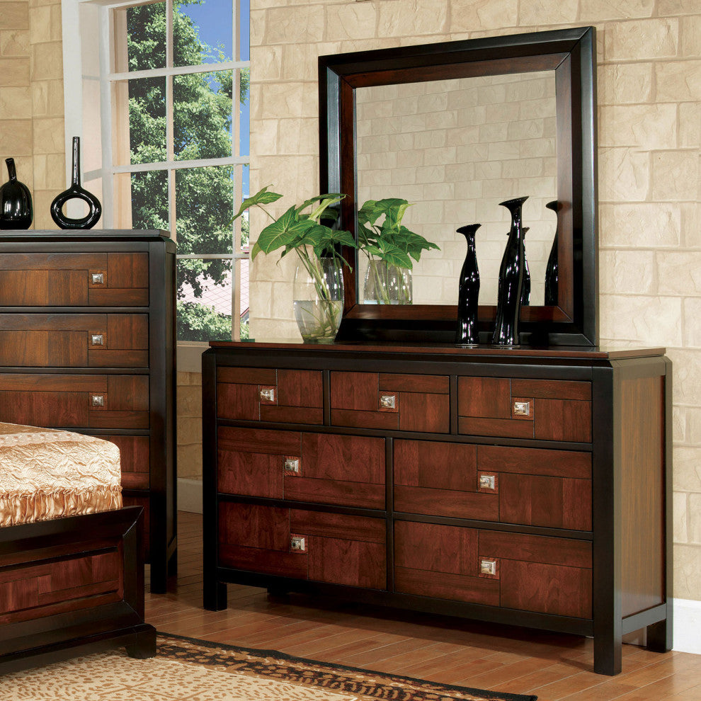 7 Drawers Dresser With Two-Tone Design, Acacia and Walnut