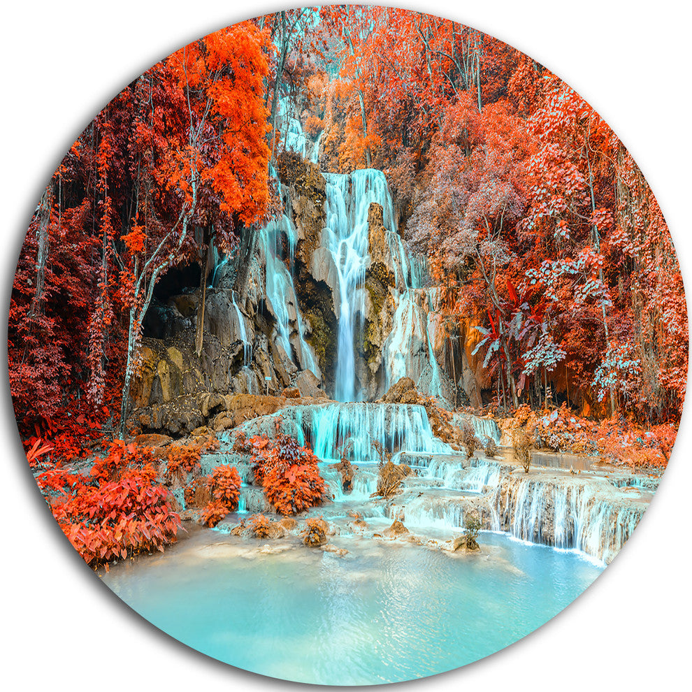 Rainforest Waterfall Loas, Landscape Photo Round Wall Art, 11"