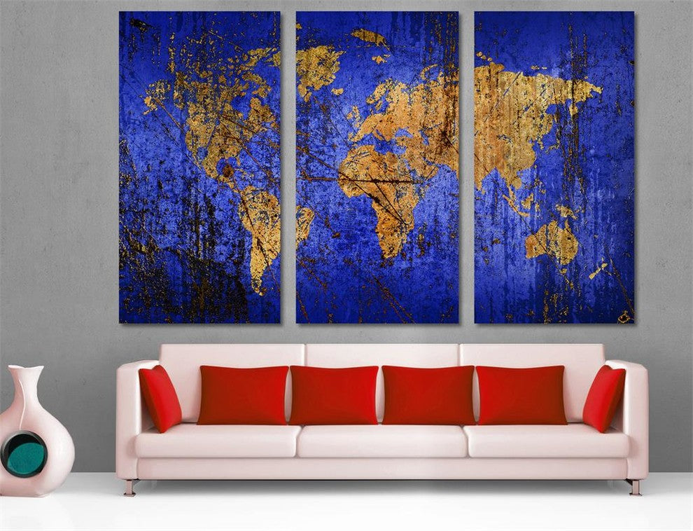 Abstract Blue World Map Canvas Print, 3 Panel Split, Triptych Wall Art