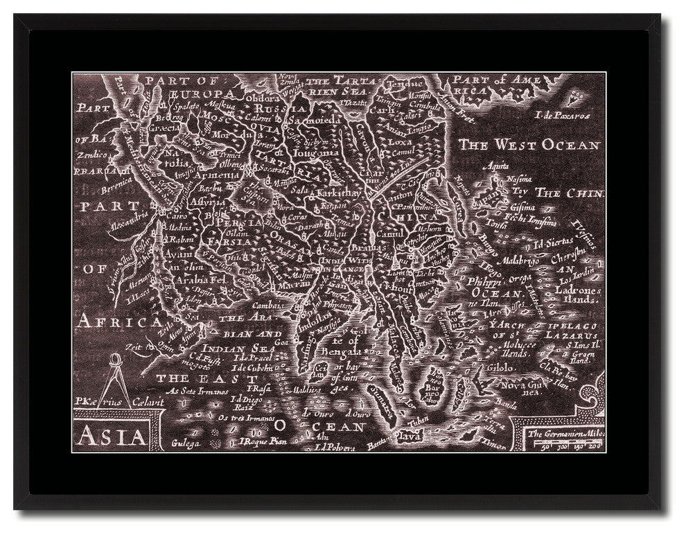 Asia Old Vivid Sepia Map Print On Canvas With Black Custom Frame 28"