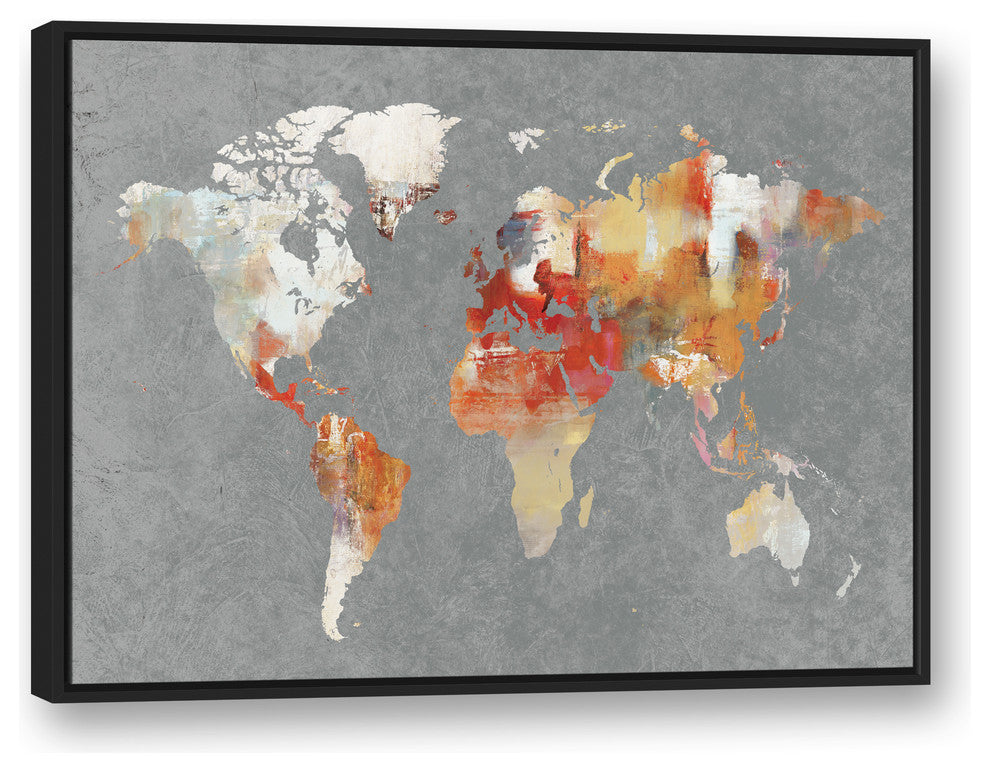 Watercolor World Map III 30x40 Black Floating Framed Canvas