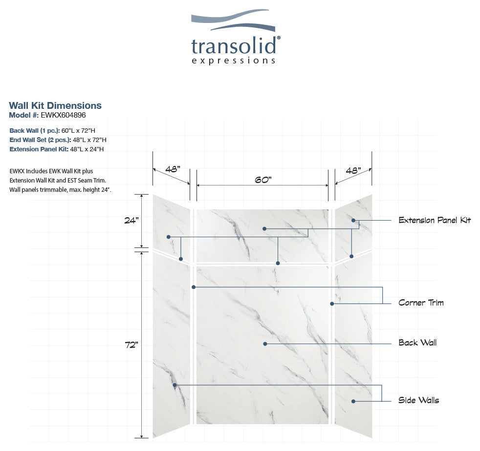Transolid Expressions Shower Wall Kit, Bianca, 48"x60"x96"