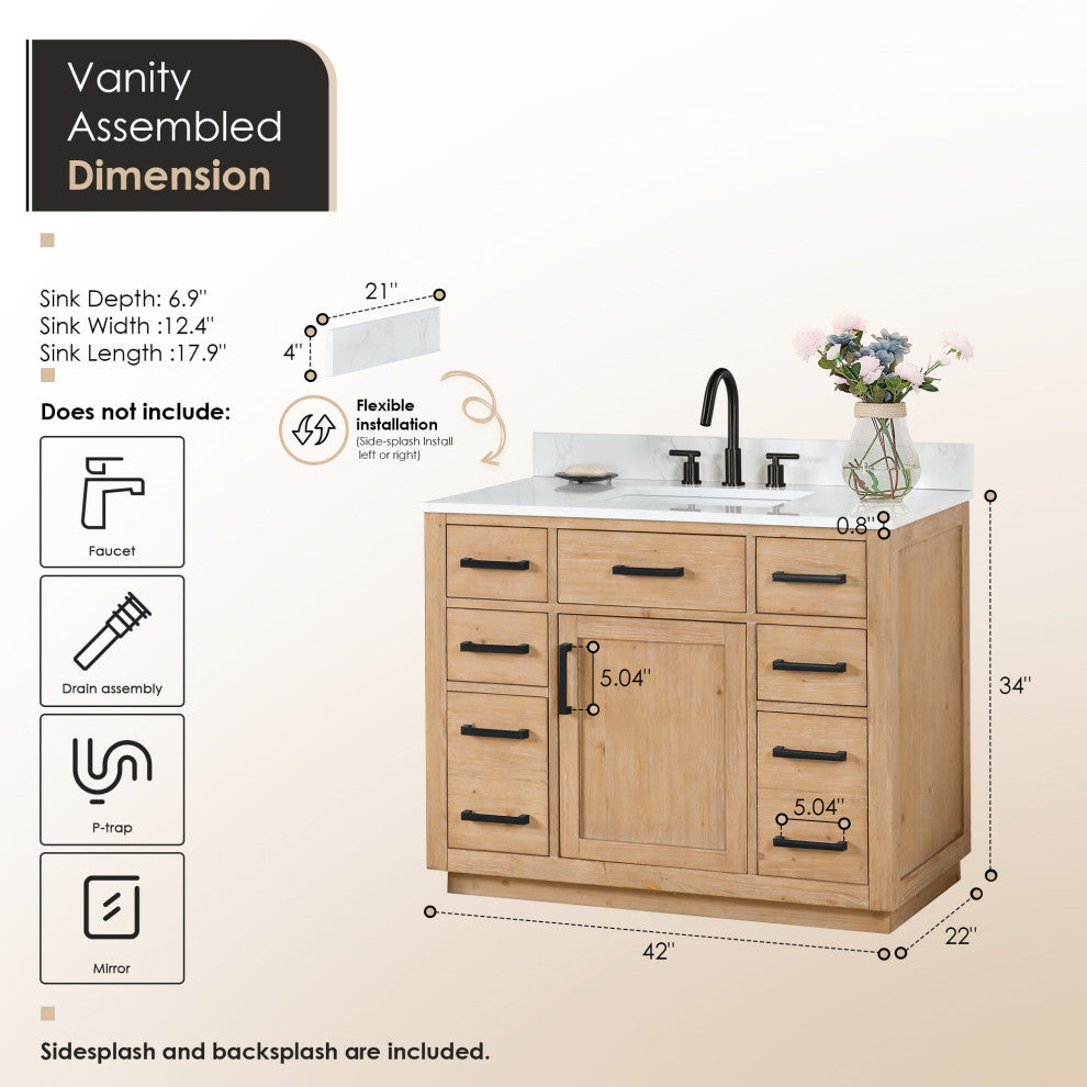 Gavino Vanity with Grain White Composite Stone Top, Light Brown/Matte