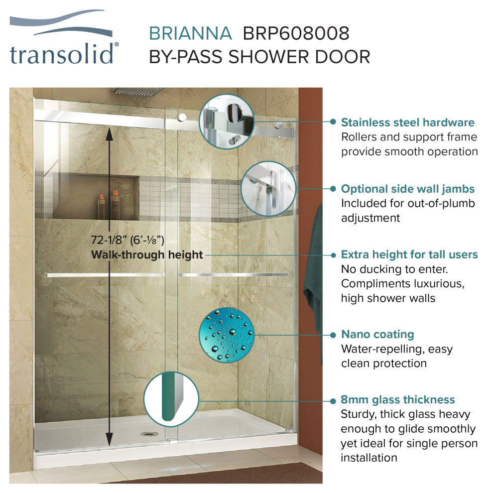 Transolid Brianna 60" W x 80" H Frameless Sliding Shower Door, Brushed