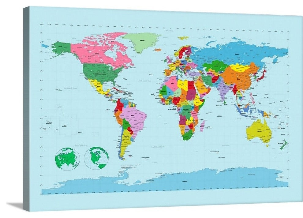 Traditional world map on blue background Wrapped Canvas Art Print, 18"