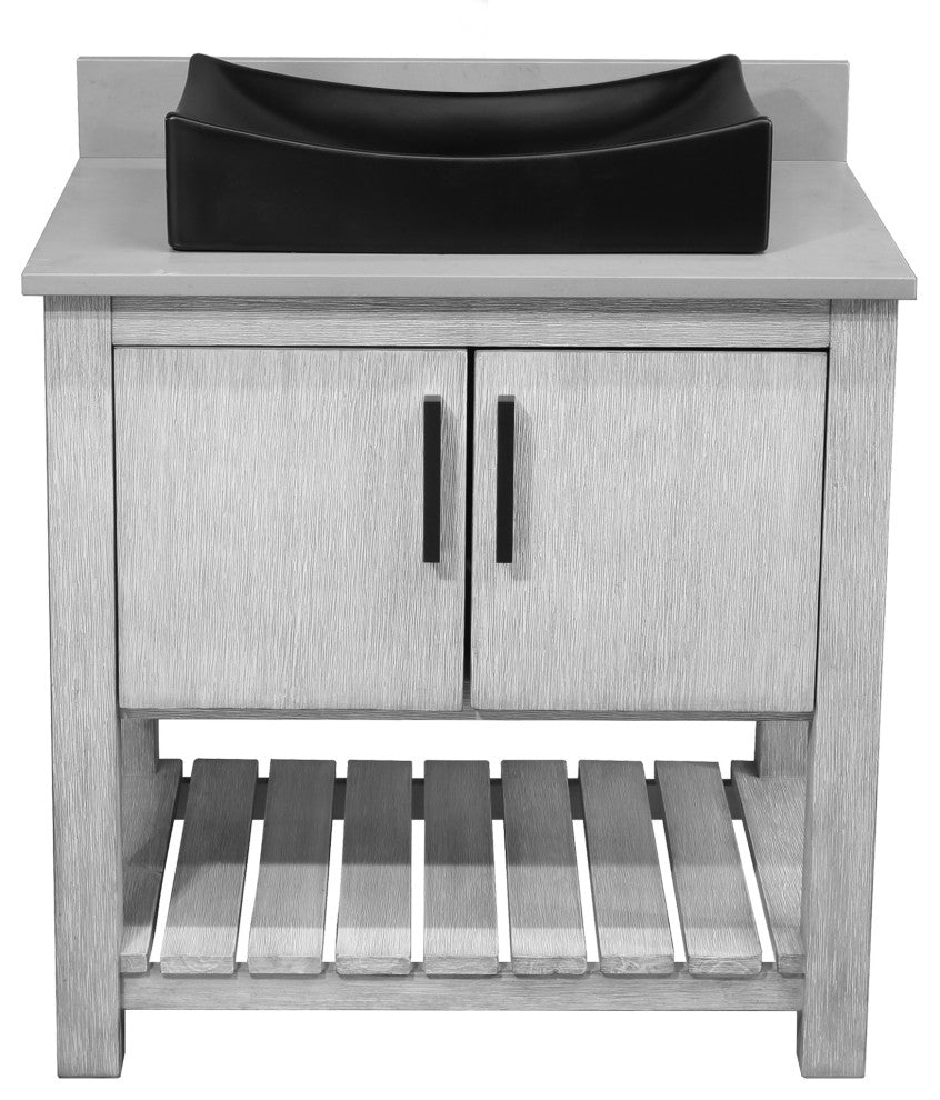 30" Vanity, Smoke Grey Quartz Top, Backsplash, Sink, Drain, and P-Trap