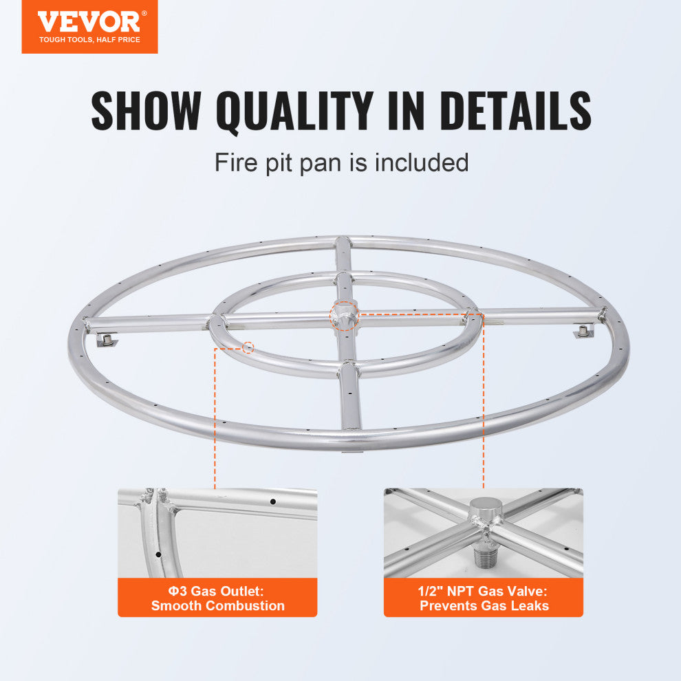 VEVOR 24" Round Drop-in Fire Pit Pan Stainless Steel Fire Pit Burner 9