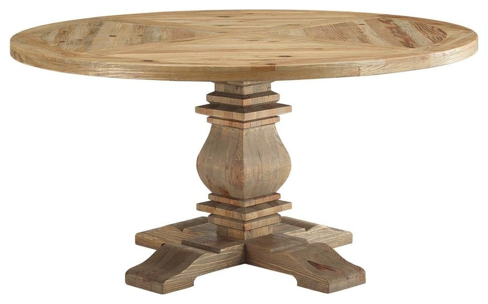 Brown Column 59" Round Pine Wood Dining Table