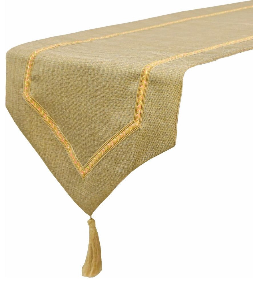 Decorative Table Runner Beige Jute 16"x120" Lace Border Tassels- Bohem