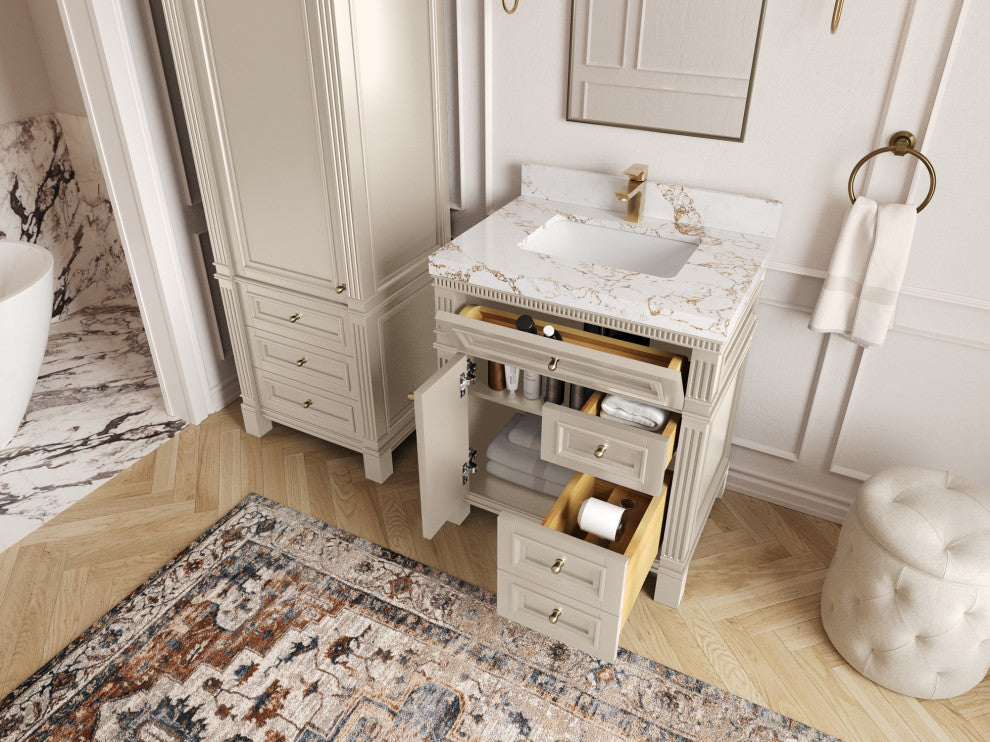 Paris 30" Single Sink Bathroom Vanity in Fine Grain 2" White Quartz