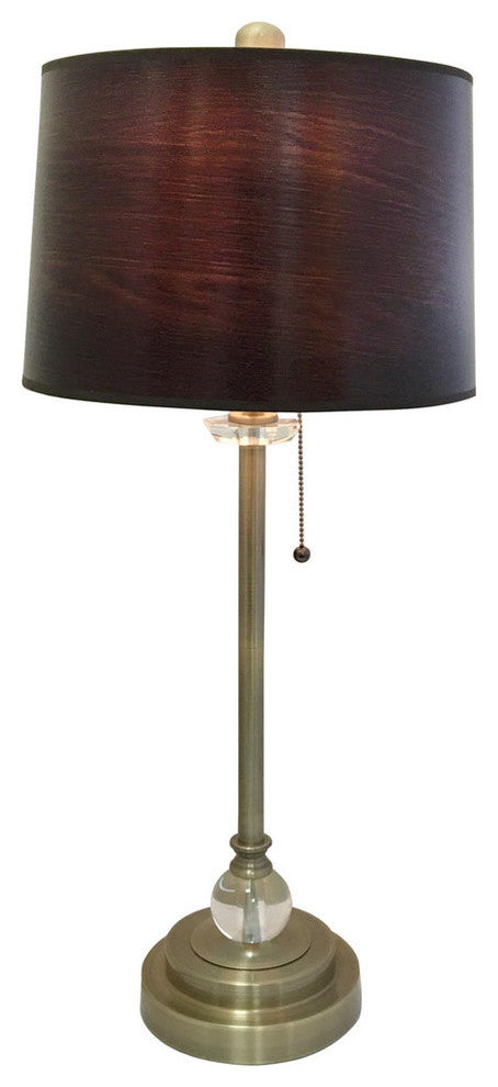 28" Crystal Lamp With Brown Wood Texture Shade, Antique Brass, Set of