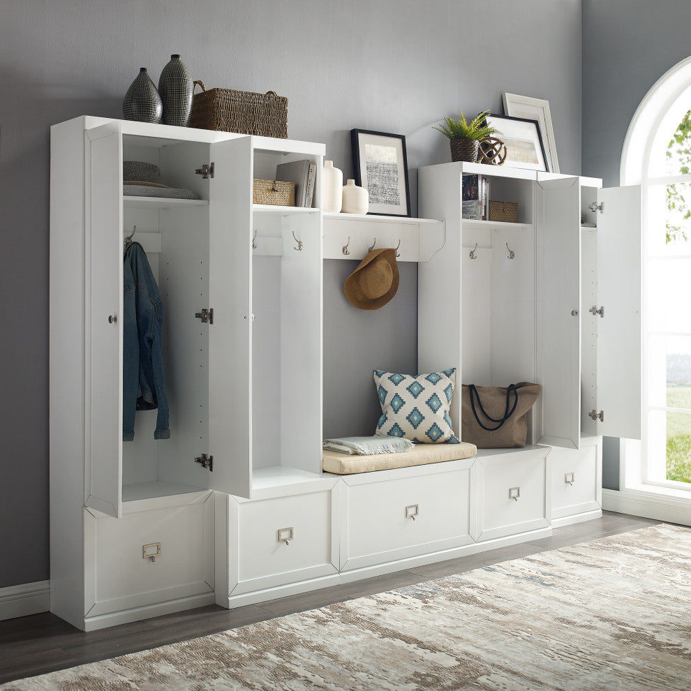 Harper 6-Piece Entryway Set, White, Bench, Shelf, Pantry Closets and H