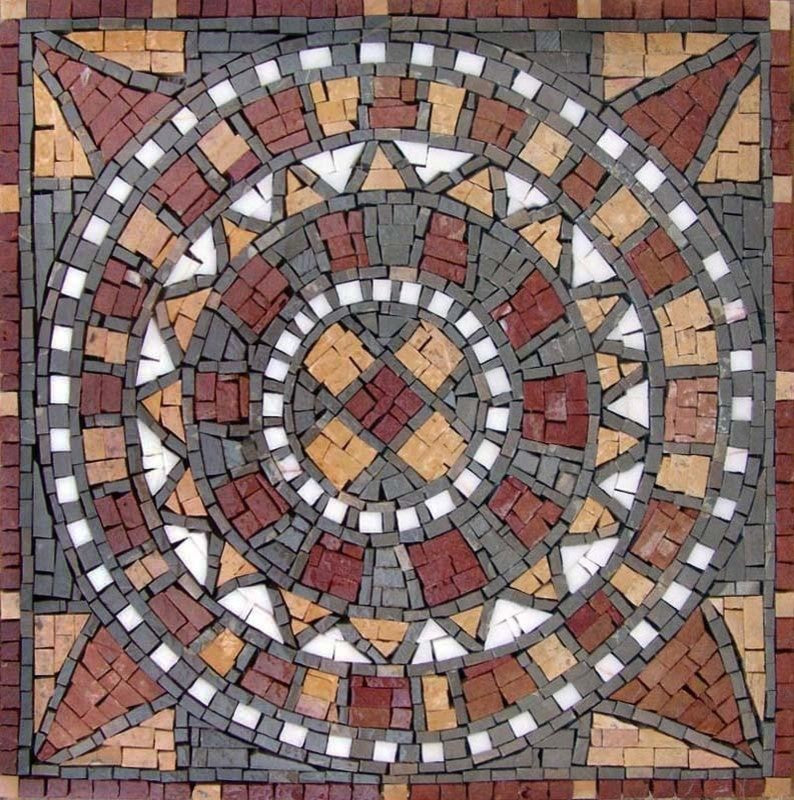 Stone Tile Mosaic, Sun Dial, 15"x15"
