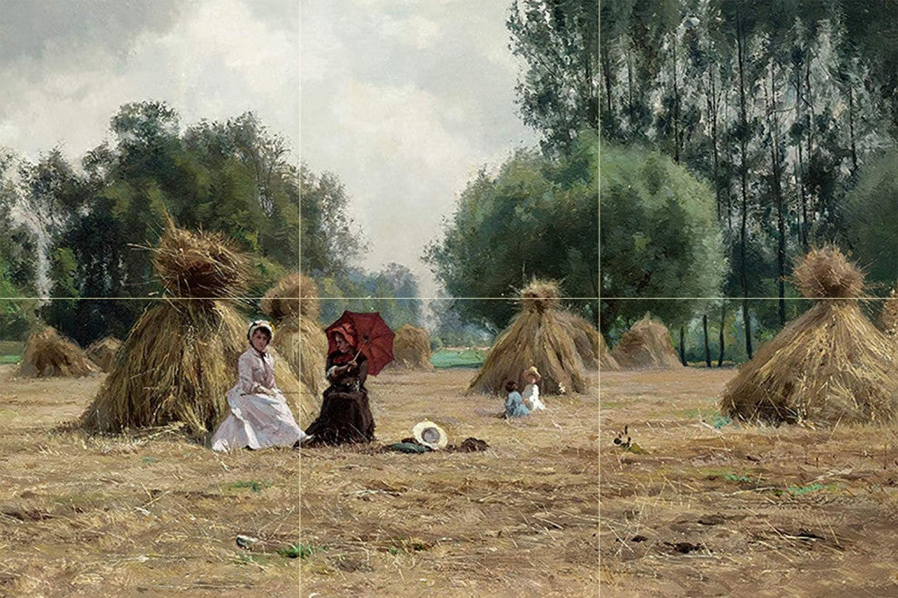 Tile Mural IN THE HAY FIELD children trees Backsplash Four Inch Marble