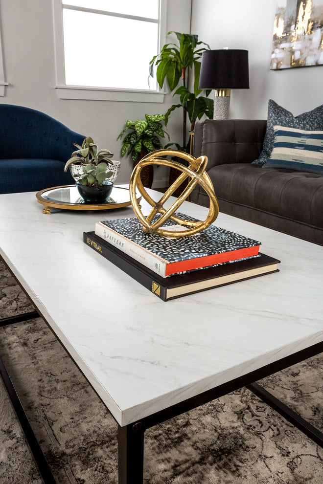 42" Mixed Material Coffee Table With Metal Base Marble