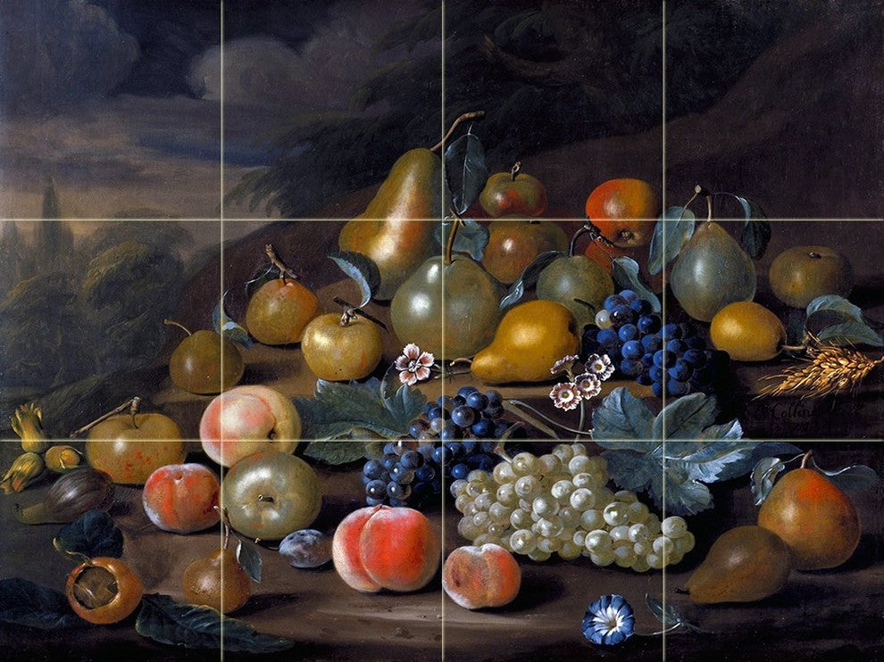 Tile Mural Still Life Of Pears Peaches and Grapes Ceramic Matte