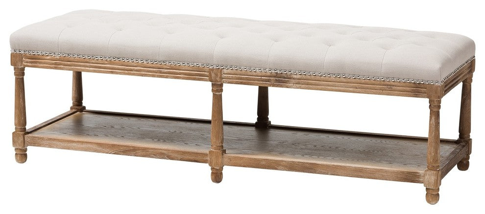 Celeste French Country Weathered Oak Beige Linen Upholstered Ottoman B