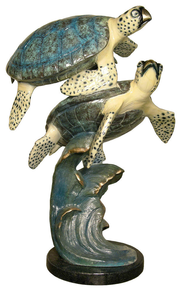 Two Blue Sea Turtles Swimming With Marble Base Special Patina Finish