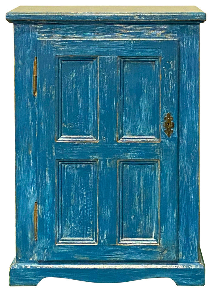 Distressed Blue Lacquer Slim Narrow Single Door Side Cabinet Chest Hcs