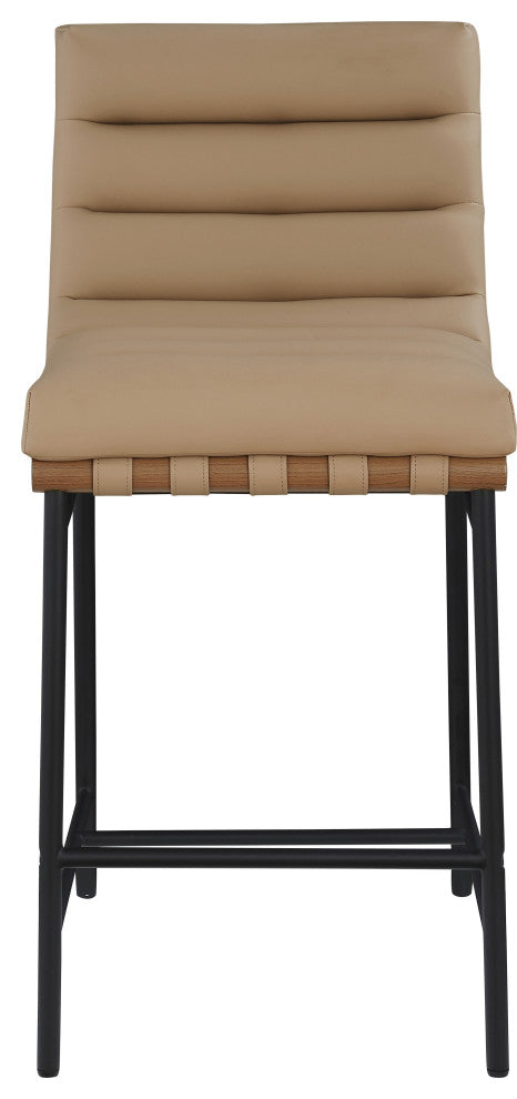 Burke Counter Stool, Tan, Vegan Leather, Walnut Veneer Metal Dowel