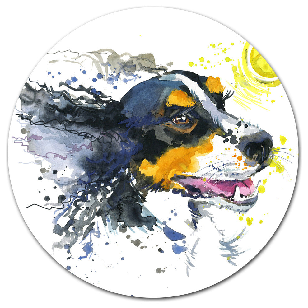 Dog And Yellow Ball Watercolor, Animal Disc Metal Wall Art, 36"