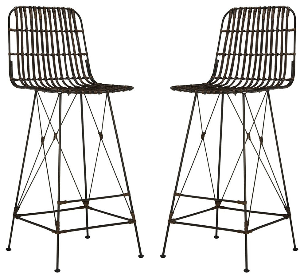 2 Pack Bar Stool, Metal Frame With Crossed Accents and Wicker Seat, Ch