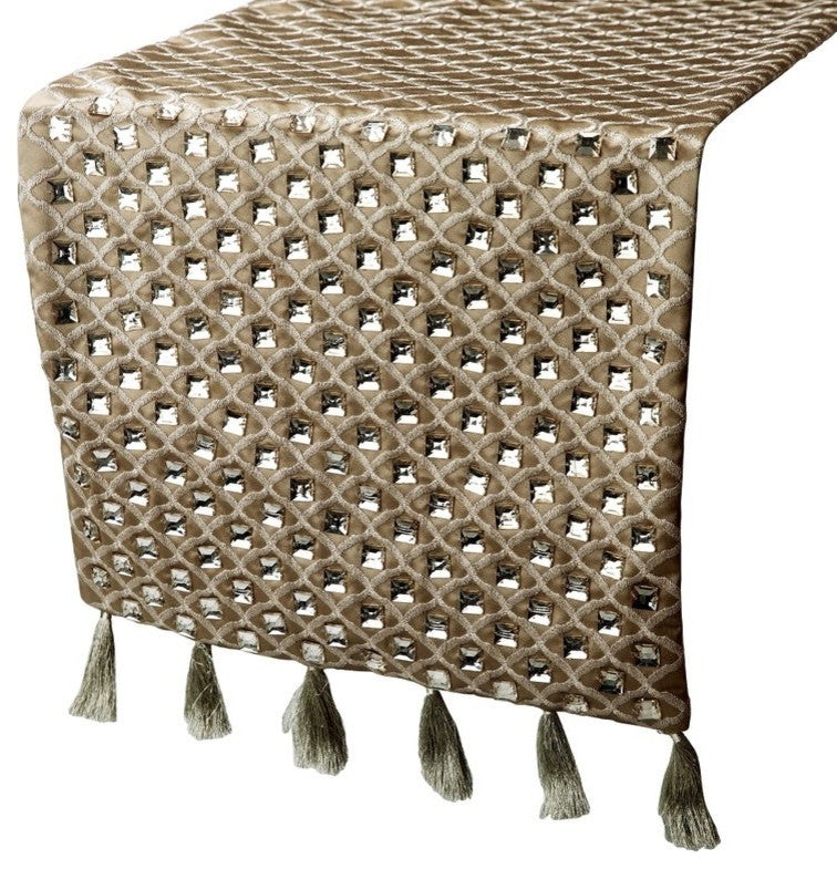 Gold Table Runner Silk with Embroidery & Crystal 16" x 108"-Crystal Ga