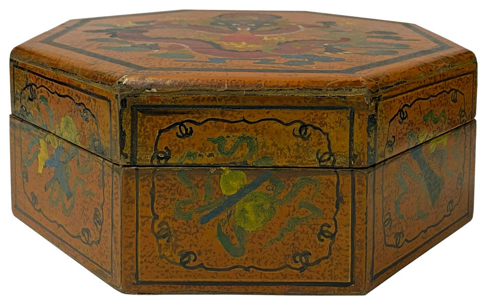 Chinese Distressed Light Brown Octagon Dragon Treasure Graphic Box Hws