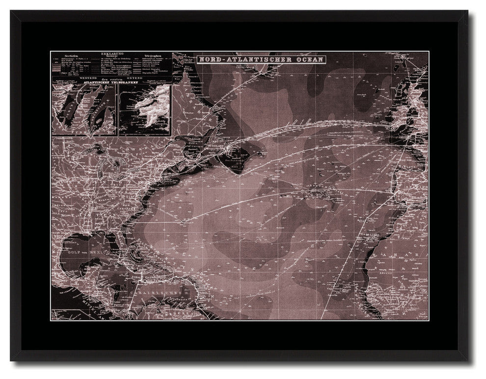 North Atlantic Telegraph Lines Stieler Vivid Sepia Map On Canvas 28"
