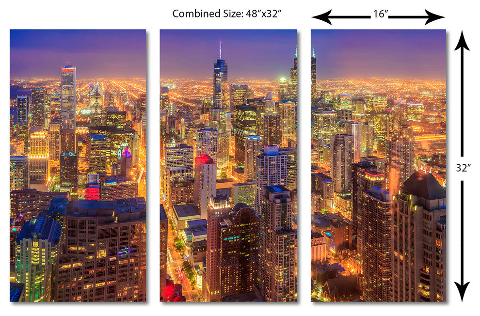 Chicago Evening Skyline Canvas Print, 3 Panel Split, Triptych Wall Art