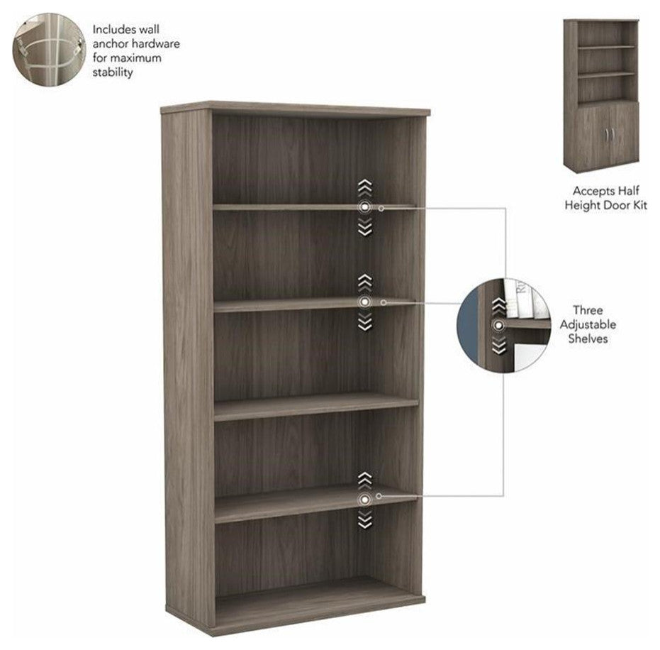 Pemberly Row Engineered Wood Tall 5 Shelf Bookcase with Doors in Moder
