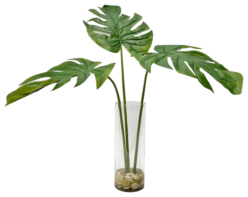Elegant Wide Split Palm Leaf Faux Floral Leaves Glass Vase Natural Sto