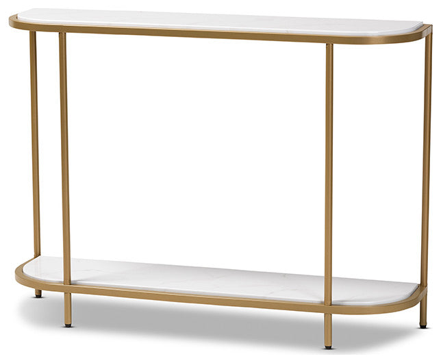 Modern and Contemporary Gold Metal Console Table with Faux Marble Tabl
