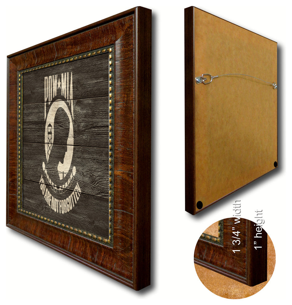 POW MIA Military Textured Flag Print With Brown Gold Frame, 19"X27"