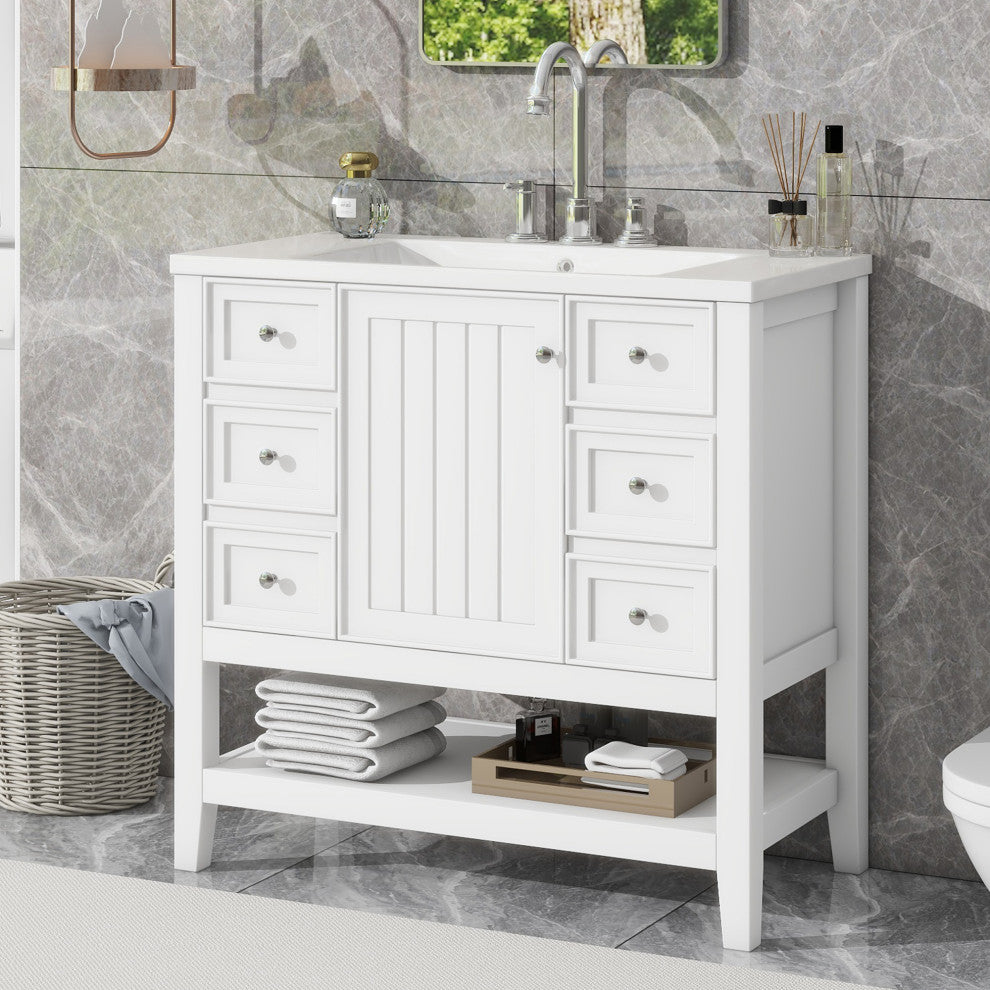 36 Inch Freestanding Bathroom Vanity Set in Blue with Drawers and Cera