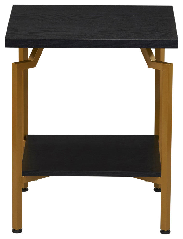 Crown Square Side End Table, Storage Shelf Black Oak Wood Grain, Gold
