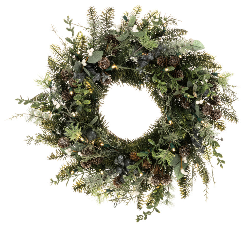 24" Lighted Christmas Wreath, Rustic White Berry