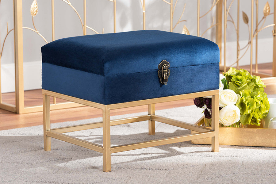 Garten Glam Luxe Velvet Upholstered and Gold Storage Ottoman, Navy Blu
