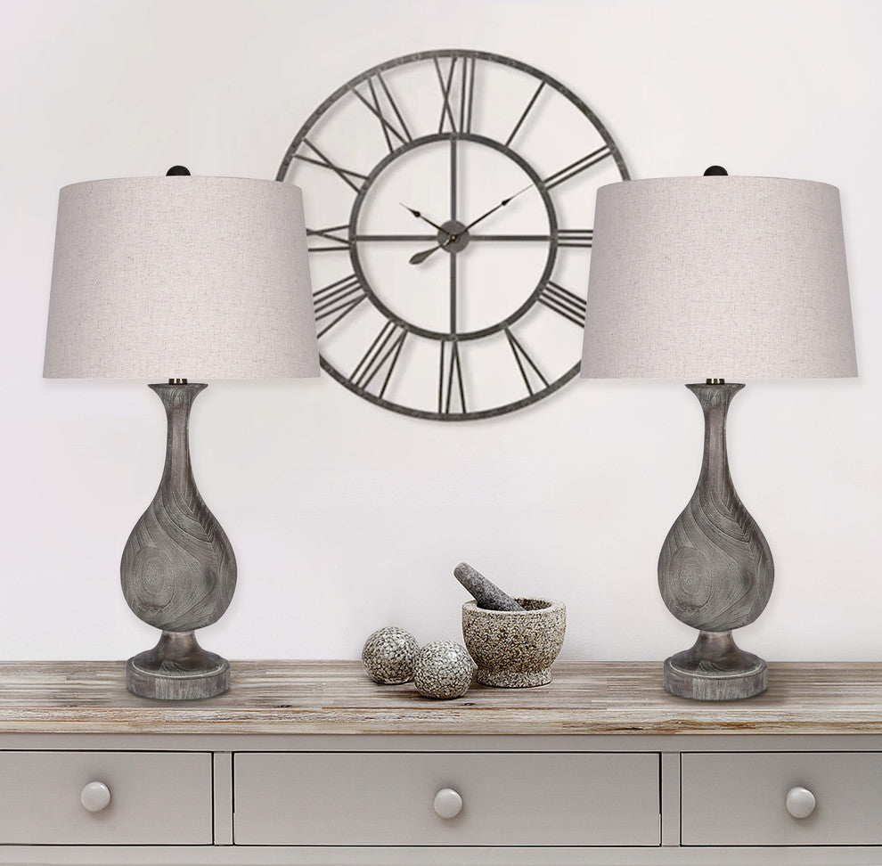 29" Dusty Acid Washed Faux Wood Polyresin Table Lamps, Set of 2