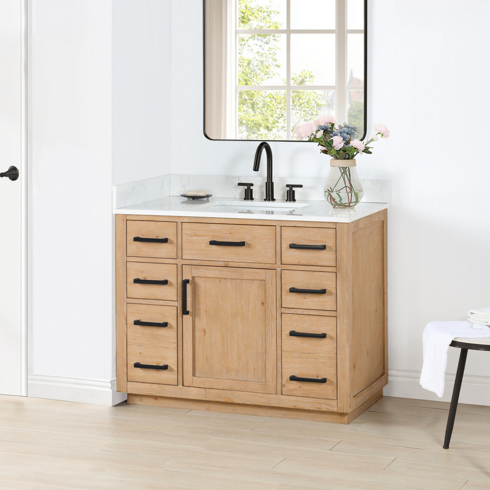 Gavino Vanity with Grain White Composite Stone Top, Light Brown/Matte