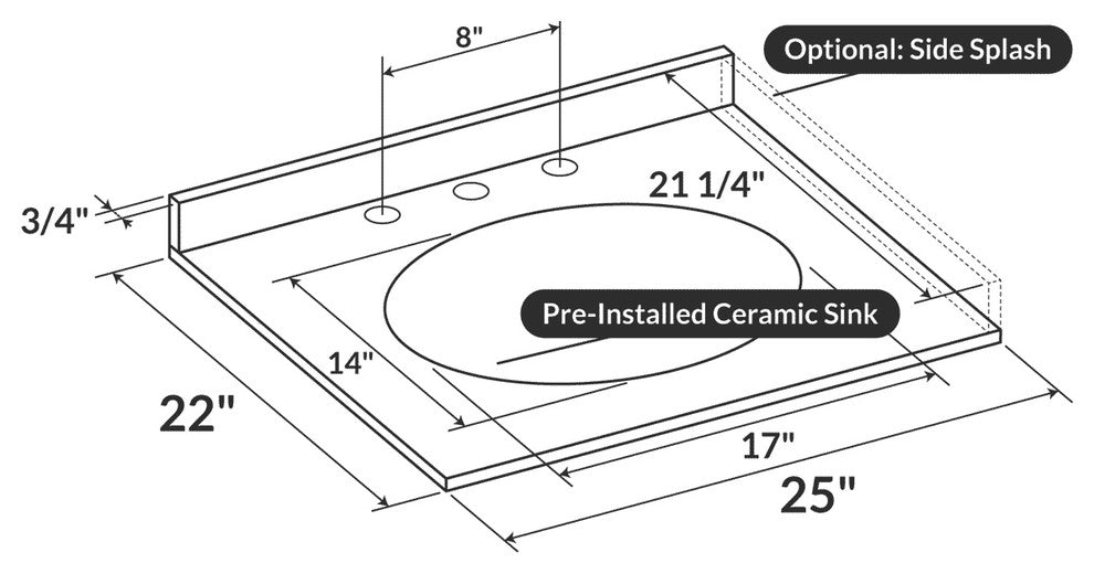 Cara White 25"x22" Marble Vanity Top, 2 Side Splashes, 8" Spread
