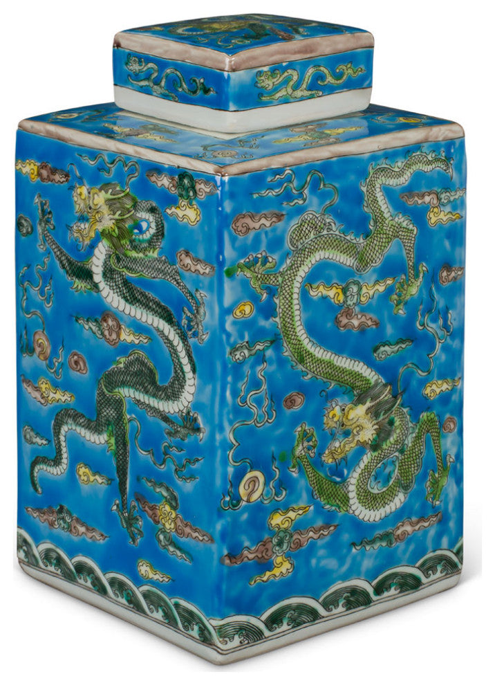 Light Blue Chinese Square Porcelain Tea Jar with Imperial Dragon Motif