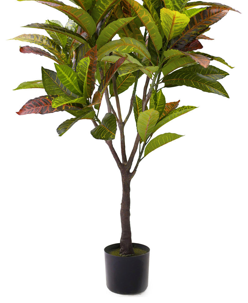 4' Artificial Croton Rubber Plant Fiddle Leaf Fig Tree, Black Pot